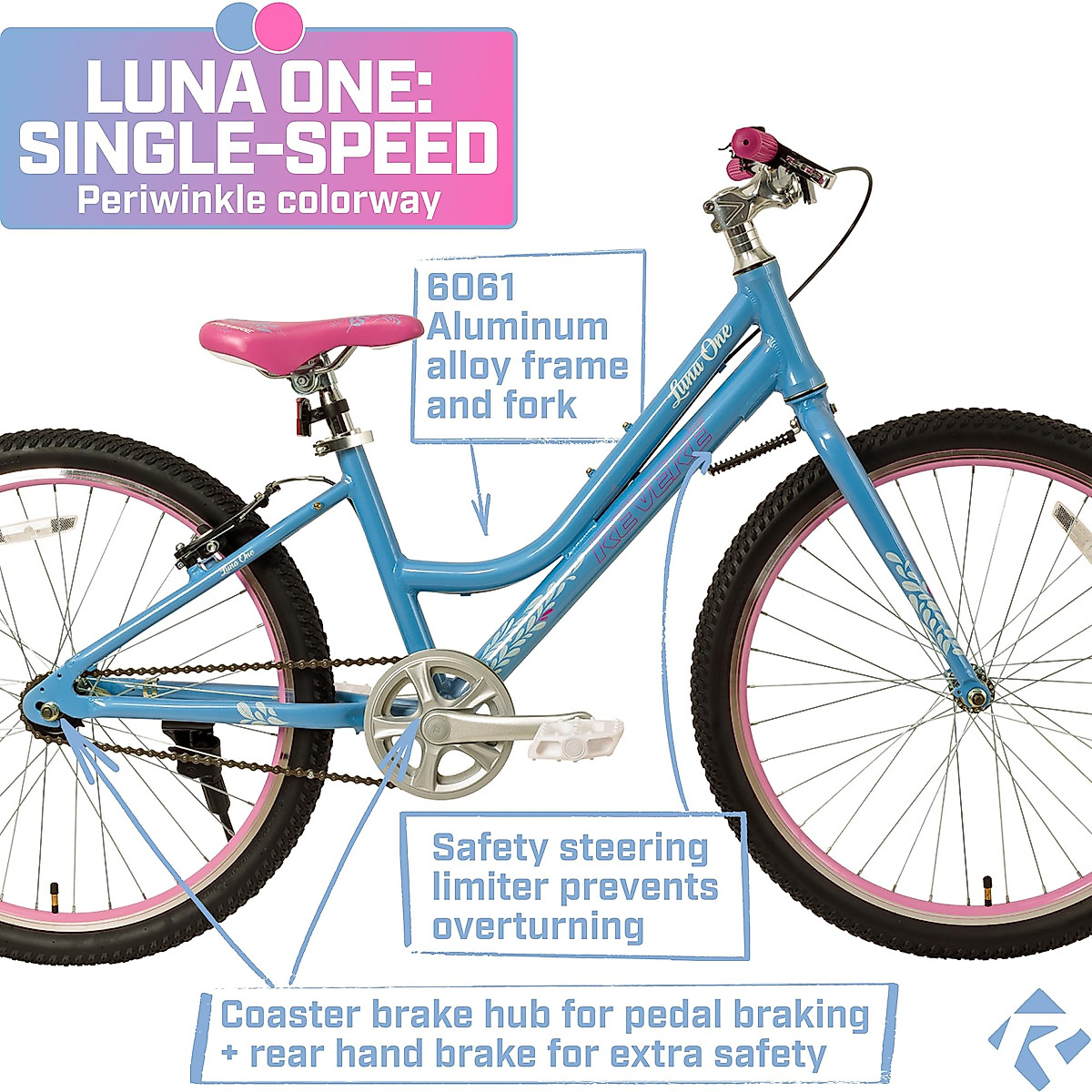 Revere Freestyle Kids 24" Girls Cruiser Bicycle for Ages 7-11 Years Old. Lightweight Aluminum Frame and Fork, Easy to Ride! Premium Parts, Premium Design, Premium Safety! (Periwinkle)