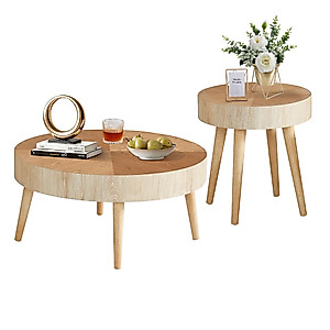 AVZEAR Nesting Round Coffee Table Set of 2, Farmhouse Modern Coffee Table, Natural Wood Nesting Tables Boho Side Table End Table Set for Living Room Bedroom, Cafe, Office, Wood Color