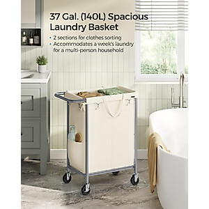 SONGMICS Laundry Basket with Wheels, 2-Section Rolling Laundry Hamper, 37 Gallons (140L), Removable Liner, Steel Frame with Handle, Blanket Storage, 27.2 x 15.4 x 31.9 Inches, Cream White URLS004W01