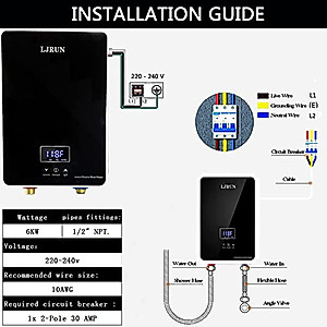 LJRUN Instant Electric Water Heater 240V, 6kW Tankless Water Heater for Kitchen Bathroom with Self Modulating Technology. (Black)