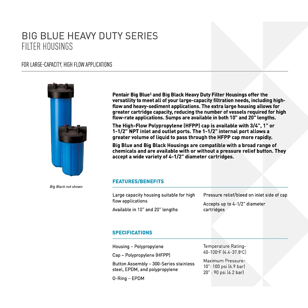 Pentair Pentek 150470 Big Blue Filter Housing, 3/4" NPT #10 Whole House Heavy Duty Water Filter Housing with High-Flow Polypropylene (HFPP) Cap, 10-Inch, Black/Blue