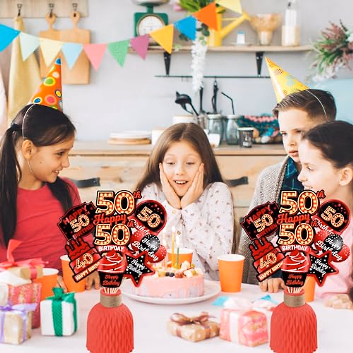 Happy 50th Birthday Red and Black Table Honeycomb Centerpieces Balloons Theme Decor Table Toppers Table Decorations for Girls Women Princess 50 Years Old Birthday Party Supplies Bday Background Gold