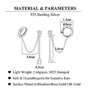 SLUYNZ 925 Sterling Silver Double Piercing Earrings Huggie Cuff Droplet Chain for Women Teens Double Holes Dangle Earrings Cartilage Helix Piercing Earrings Chain (A-Silver)