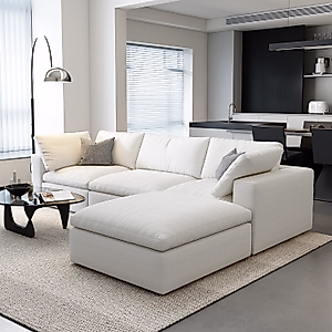 Cloud Modular Sectional Sofa with Storage Ottoman,120" L Shaped Sectional Couches for Living Room,Down Filled Comfort Minimalist Deep Sofa Couches for Office Apartment (White, 3 Seater+1 Ottoman)