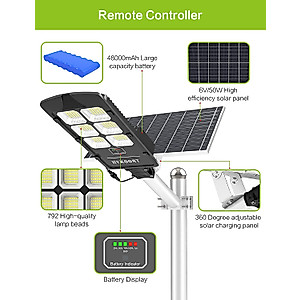 HYKOONT Solar Street Light, 500W Solar Parking Lot Lights Dusk to Dawn Outdoor Solar Lights, IP66 Waterproof 6500K Street Light Solar Powered Lighting for Garage,Garden,Patio (792 LEDs)