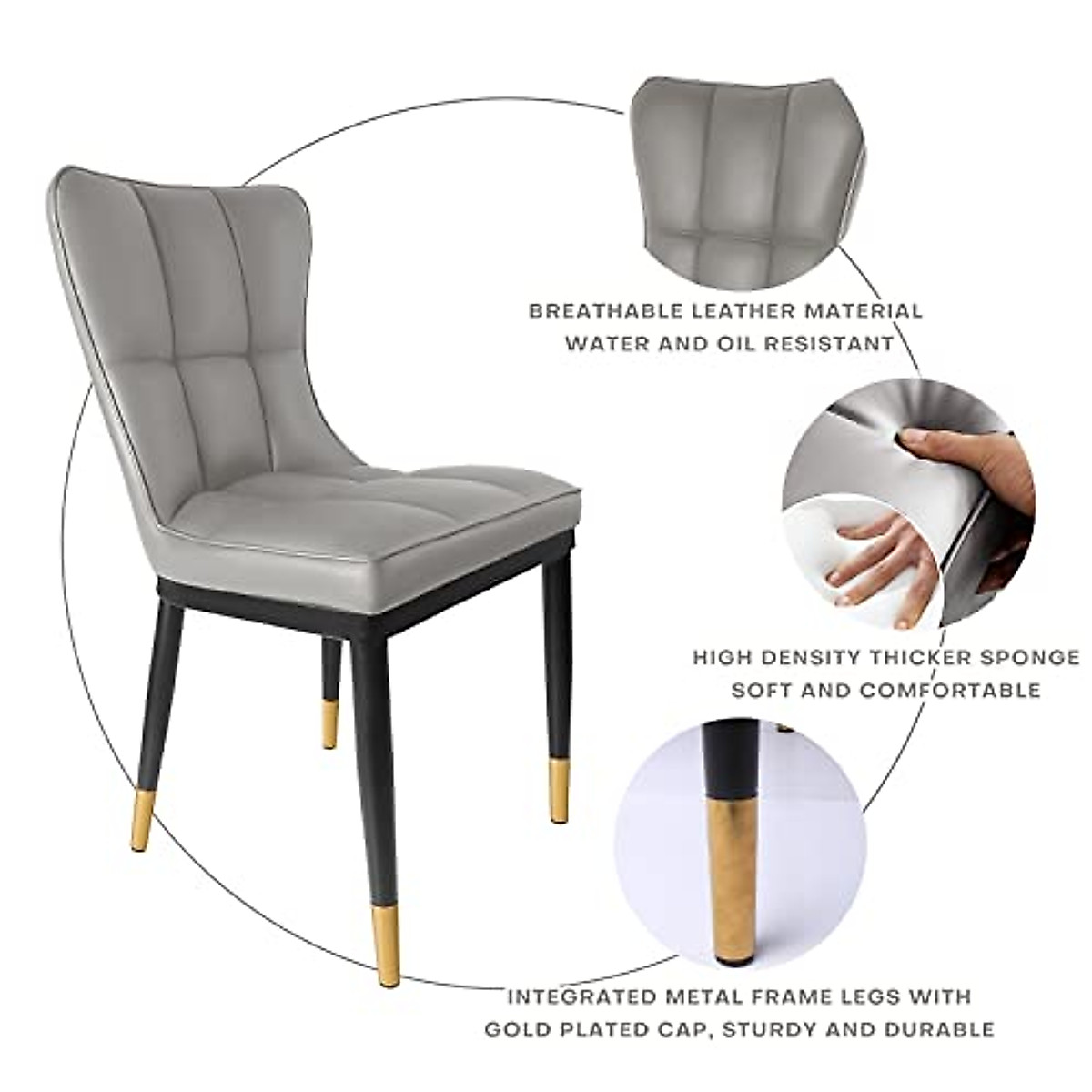 Bekrvio High-Back Faux Leather Dining Chairs Set of 2, Modern Sturdy Upholstered Accent Side Chair Deep Sponge Padded Seat with Metal Legs for Kitchen Dining Room Living Room Bedroom(Silver)