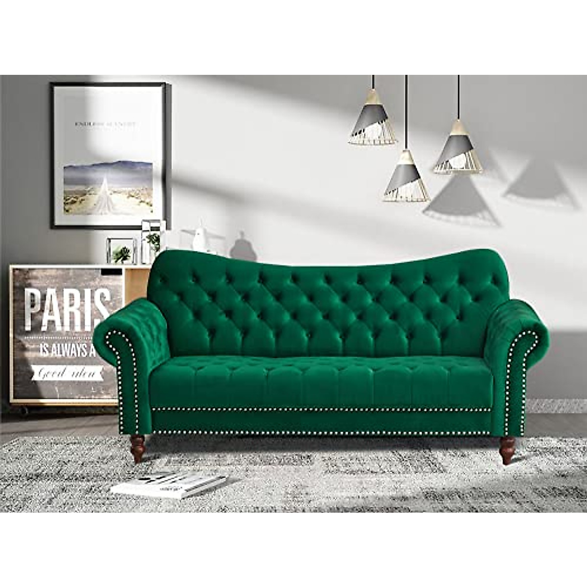 INSTORY Velvet Sofa Traditional Couch Tufted Loveseat with Wooden Legs for Living Room, Office, Bedroom - Green
