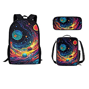 STUOARTE Cartoon Space Backpack with Lunch Box Planet Backpack for Girls Boys Kids Dreamy Outer Space School Backpack with Lunch Box and Pencil Bag, Preschool Elementary Student Bookbag