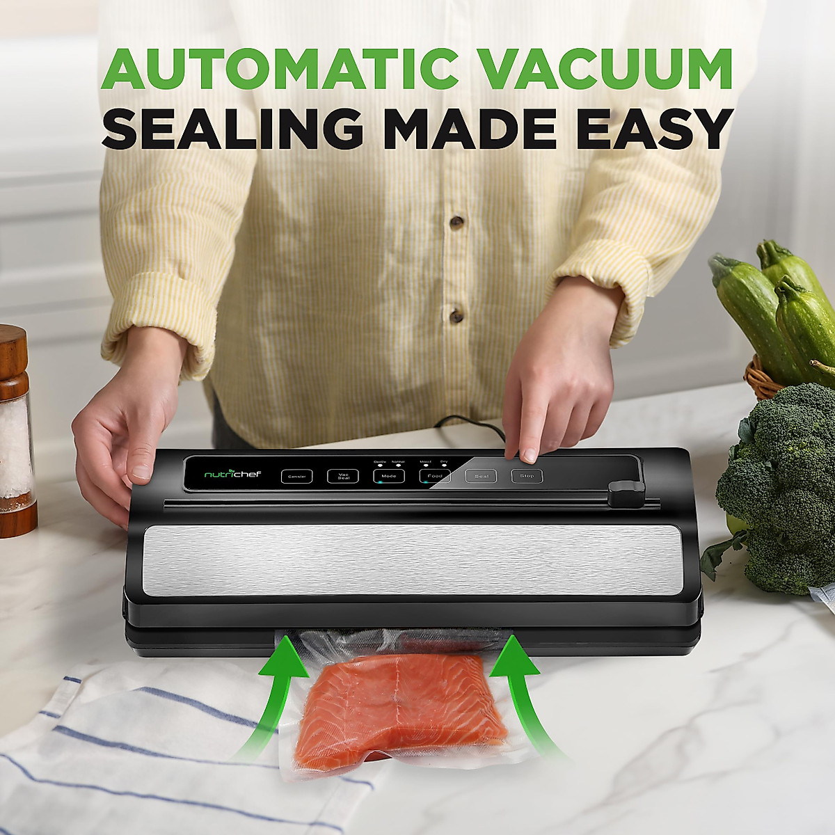 NutriChef Vacuum Sealer | Automatic Vacuum Air Sealing System For Food Preservation w/ Starter Kit | Compact Design | Lab Tested | Dry & Moist Food Modes | Led Indicator Lights