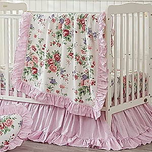 Brandream Pink Floral Crib Bedding Sets for Girls Farmhouse Chic Nursery Bedding Collection, 100% Cotton 3 Pieces