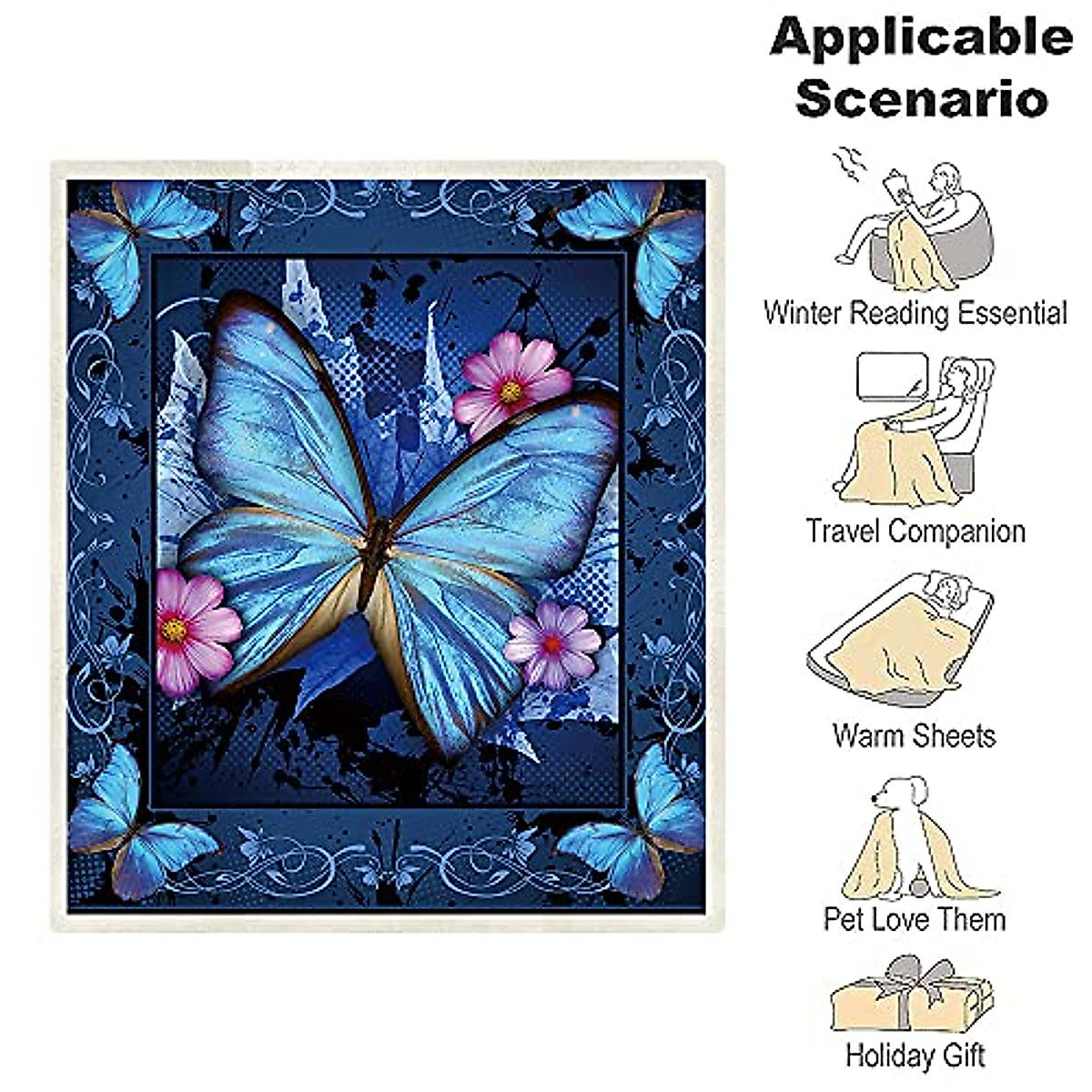 WGFAKJMO Butterfly Blanket Blue Butterfly Print Sherpa Fleece Blanket for Bed and Couch Warm Fuzzy Throw Blanket Cozy Throws Blankets for Butterfly Gifts for Women (Butterfly,51x59)