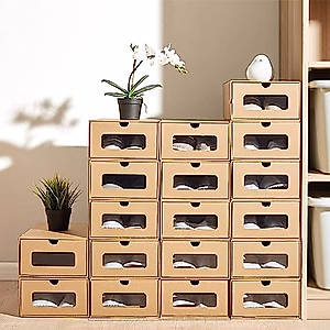 bimiti 12 Pack Shoe Box Cardboard Shoe Storage Boxes with Transparent Window Waterproof Stackable Storage Boxes with Lids Heavy Duty Kraft Drawer Shoe Boxes for Shoes, Socks, Stationery, Underwear
