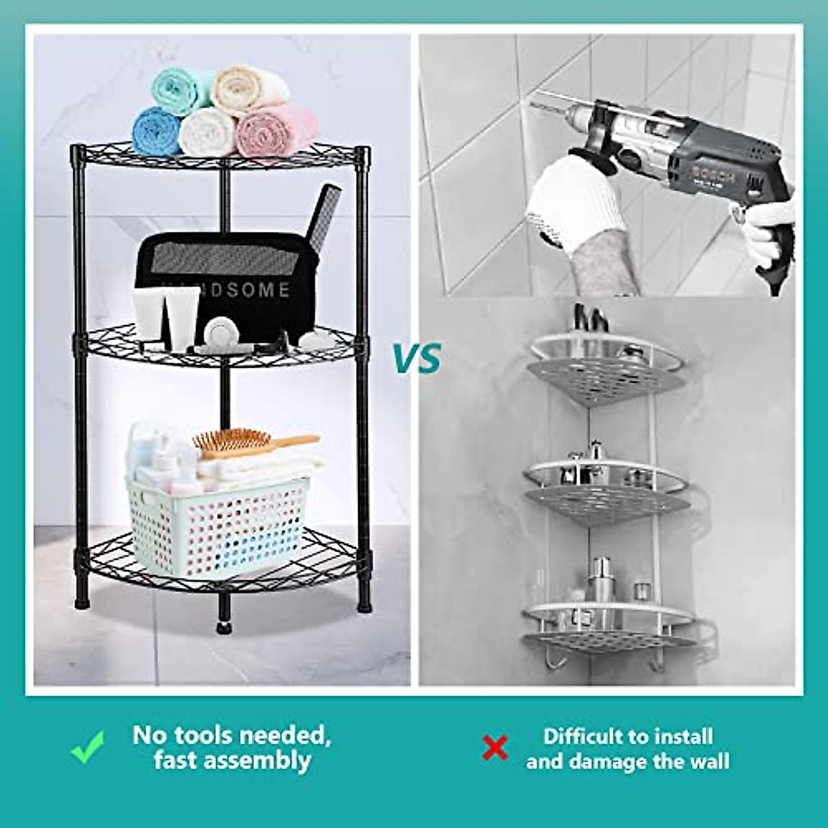 3 Tier Corner Wire Shelving Unit, Adjustable Wire Rack Shelving, Metal Wire Storage Shelves for Kitchen, Pantry, Laundry, Bathroom, Closet (13.8" D x 13.8" W x 31.5" H, Black)