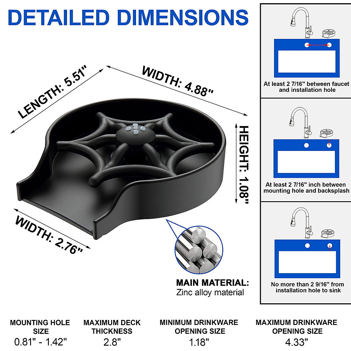 Glass Rinser For Kitchen Sink - Metal Cup Washer, Faucet Cup Rinser Cleaner Kitchen Sink Bottle Washer For Bar, Matte Black