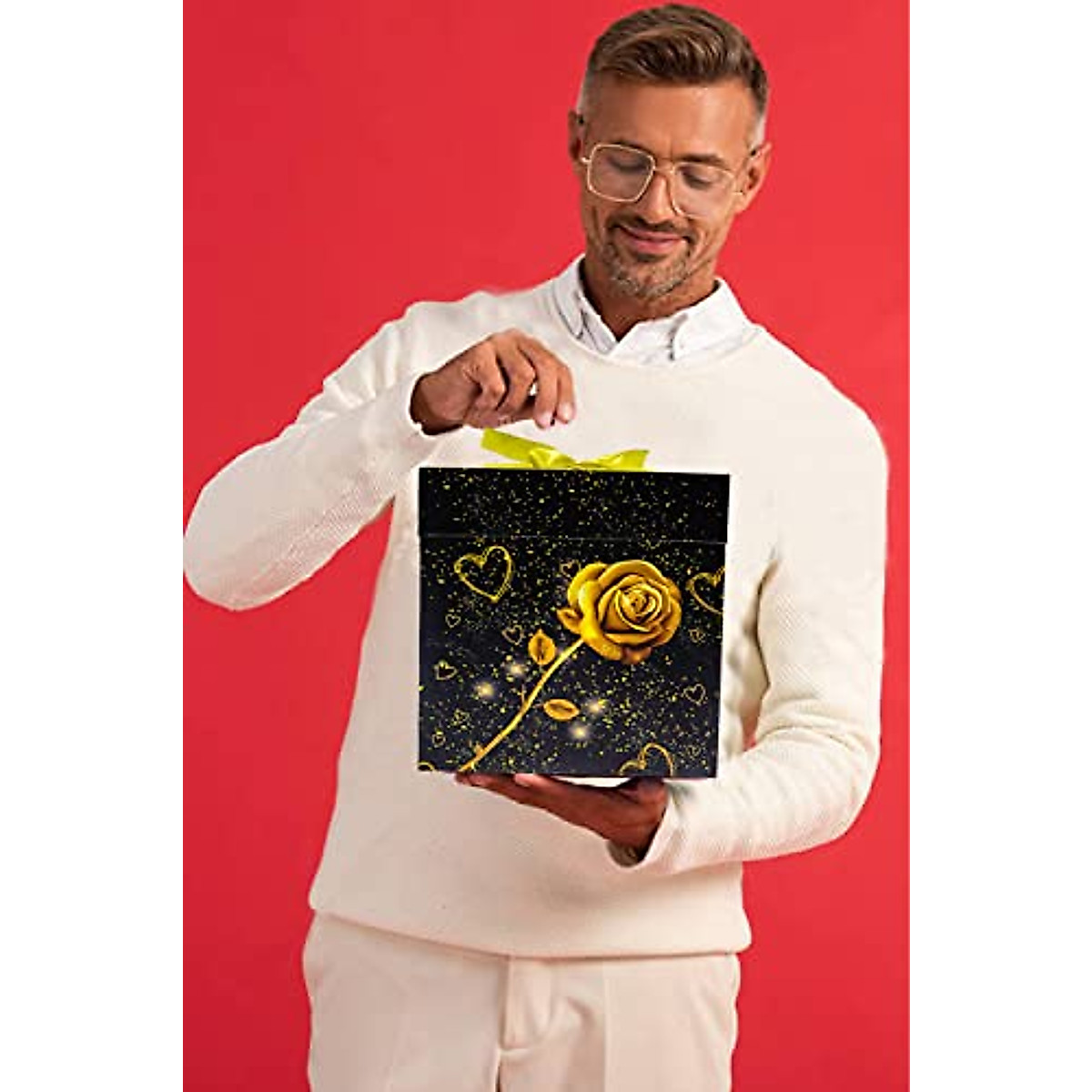 Elephant-package 8" Medium Valentine's Day Golden Rose Love Heart Gift Box with Lid, Ribbon and Paper Filler, Collapsible Gift Box, for Anniversary, Bridesmaid, Girlfriend Gift Wrapping, Presents.