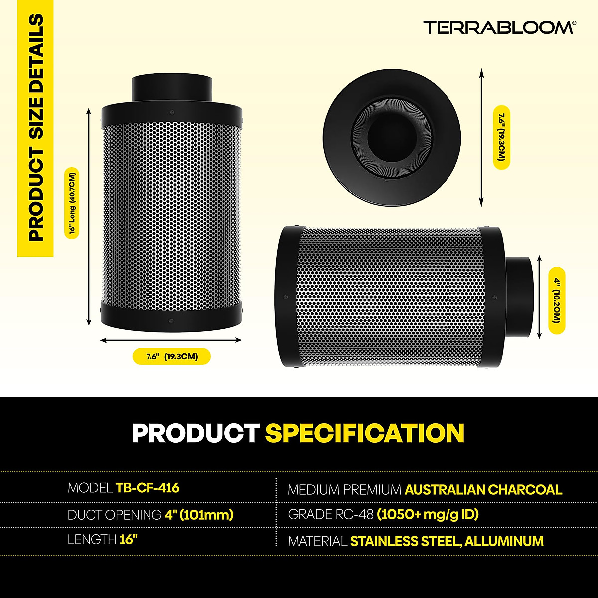 TerraBloom 4" x 16" Carbon Filter for Grow Tent - 46mm Charcoal Carbon Air Filter - Maximize Airflow with 350 CFM - Premium Carbon Air Filter & Charcoal Filter for Homes & Commercial Applications