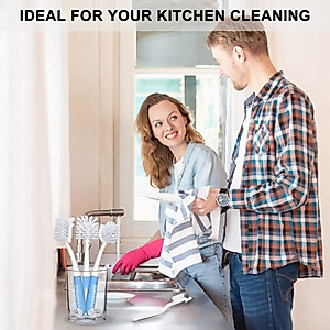 SetSail Dish Brush Set of 4 with Bottle Brush, Dish Scrub Brush with Long Handle Deep Cleaning Handle Brush with Scraper Tip for Kitchen Sink Dishes Bottle Cup Pot and Pans Tile Lines, Blue