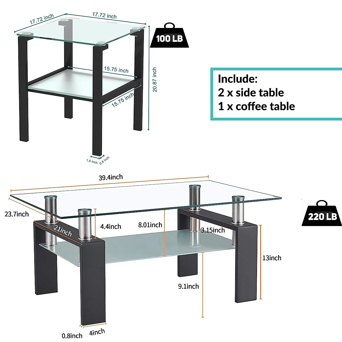 POULEII Living Room Table Set,3 Piece Glass Coffee and End Tables Set for Room,Coffee with Tempered Tabletop Metal Frame Apartment, Small Space Black