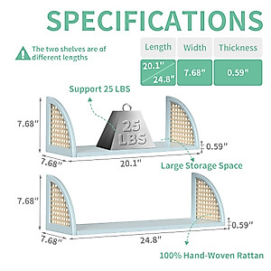 PJCOLL Floating Shelves for Wall,Rattan Wall Mounted Shelves for Wall Decor,Sturdy Wood Bathroom Shelves for Kitchen,Bedroom,Living Room,24.8 * 7.68 inch,Set of 2,Blue