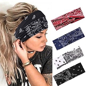 Urieo Boho Headbands Stretch Paisley Print Bandana Headband Criss Cross Hair Bands Knotted Head Wrap Yoga Daily for Women and Girls (Pack of 4) (A)