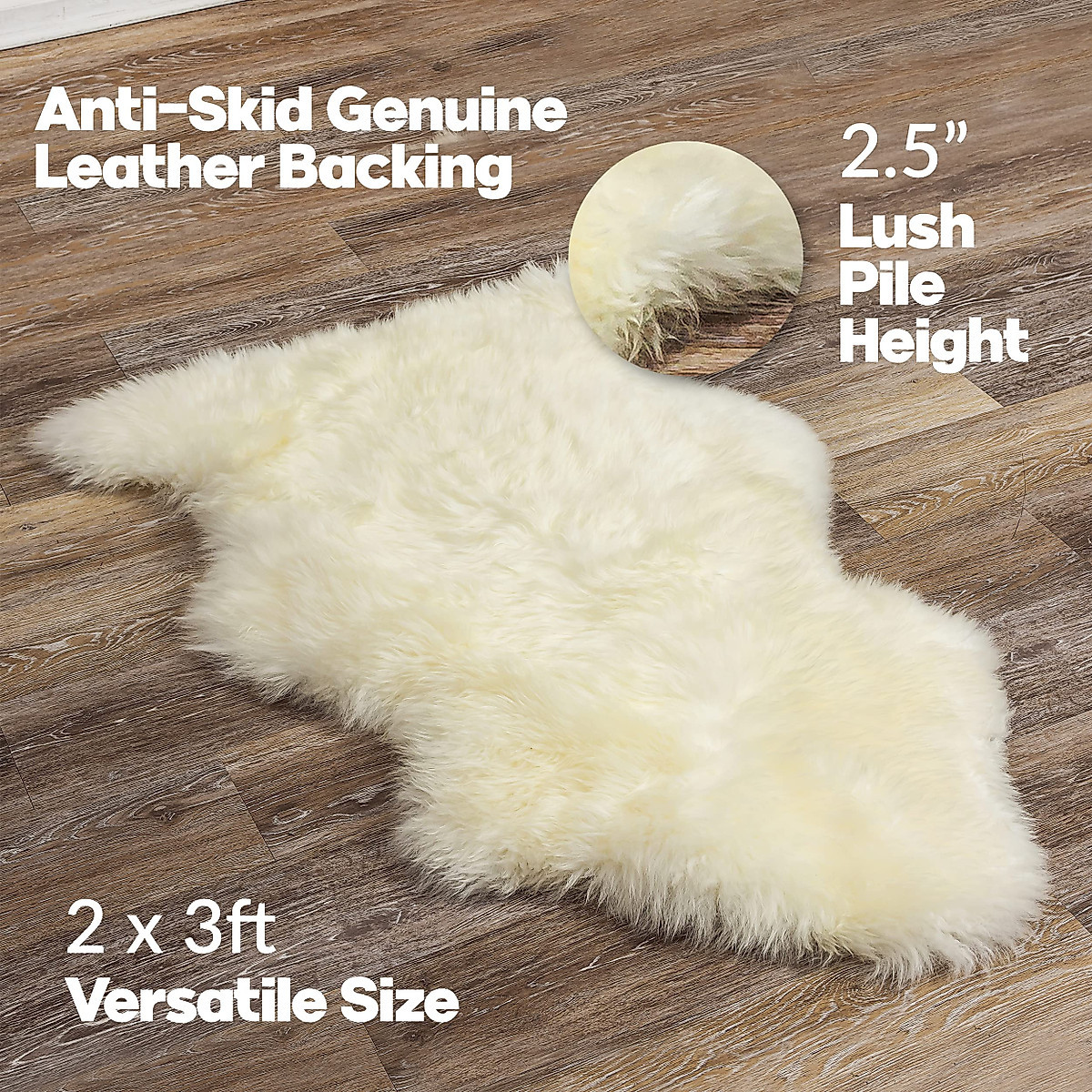 Natural Milan Genuine Sheepskin Area Rugs with Thick and Lush Pile, Fluffy Sheep Fur Rug with Anti-Skid Backing for Bedroom Living Room, Single Pelt, Ivory 2 ft x 3 ft