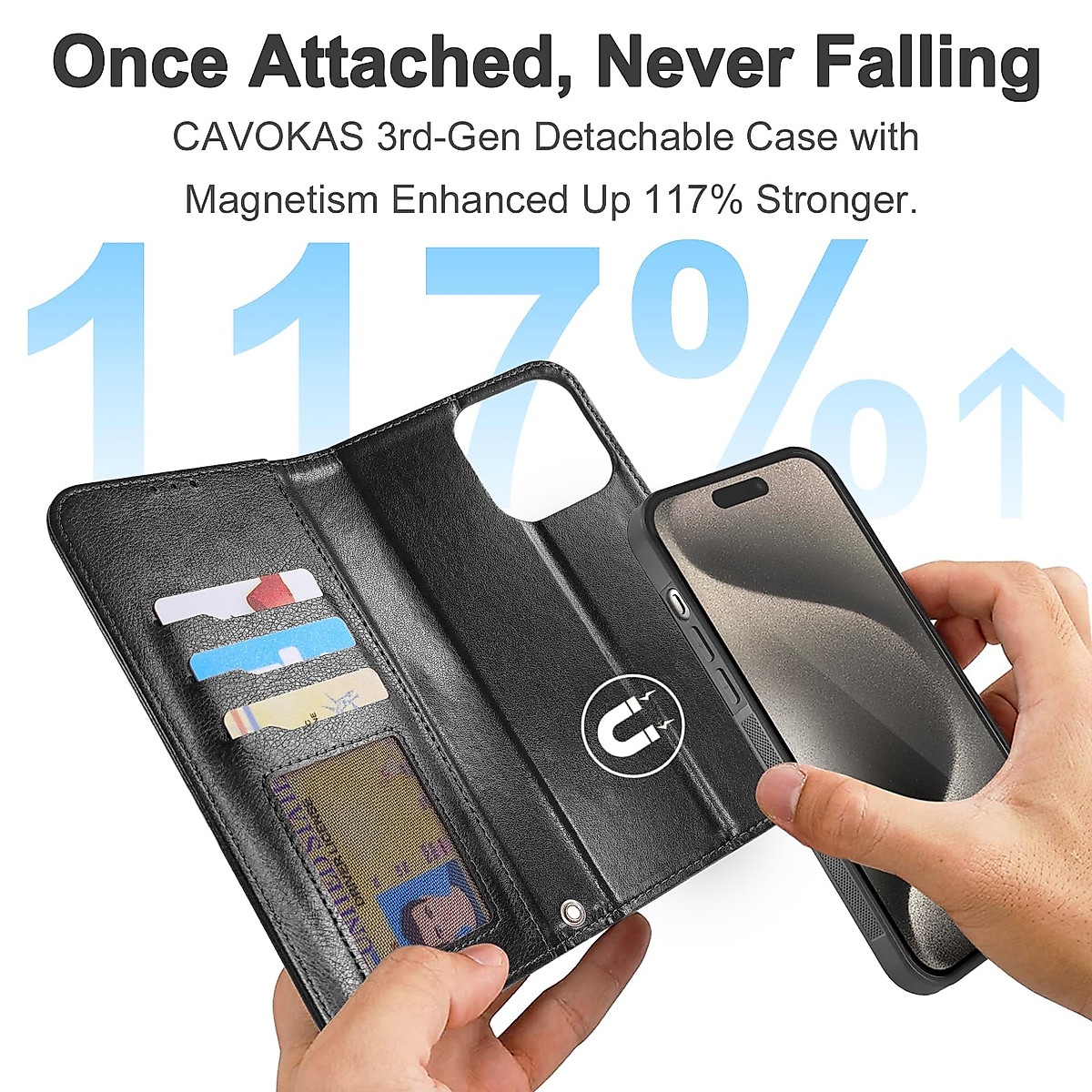 CAVOKAS Case Wallet for iPhone 15 Pro Max Wallet Case with Card Holder, Detachable Magnetic Leather Flip Case, Compatible with MagSafe Wireless Charging, Kickstand Shockproof Cover 6.7 Inch, Black