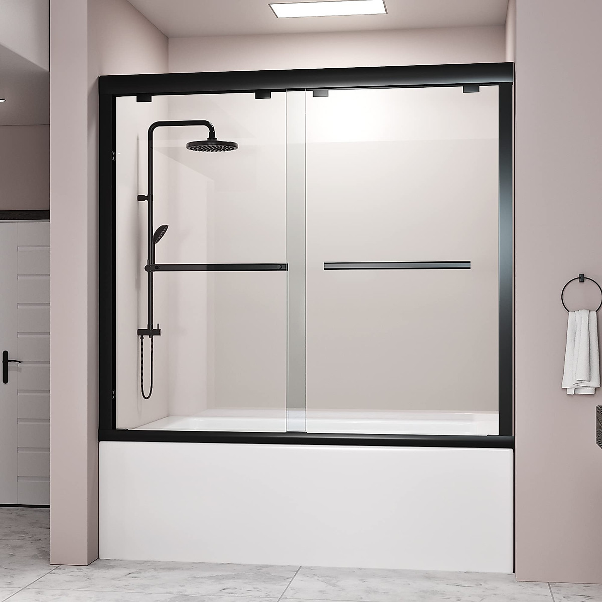 DELAVIN 56-60 in. Frameless Shower Door, Bathroom Sliding Shower Door, 5/16" (8mm) Clear Tempered Glass, SGCC Tempered Glass Door with Explosion-Proof Film