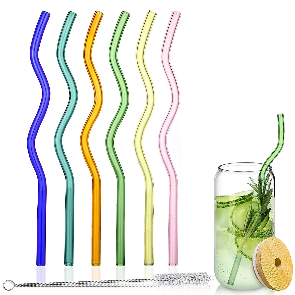 6 Pcs 7.87"×8mm Wavy Glass Straws, Reusable Colorful Glass Straws with 1 Cleaning Brush -Perfect For Juice, Tea, Coffee, Cocktails and Lemonade.
