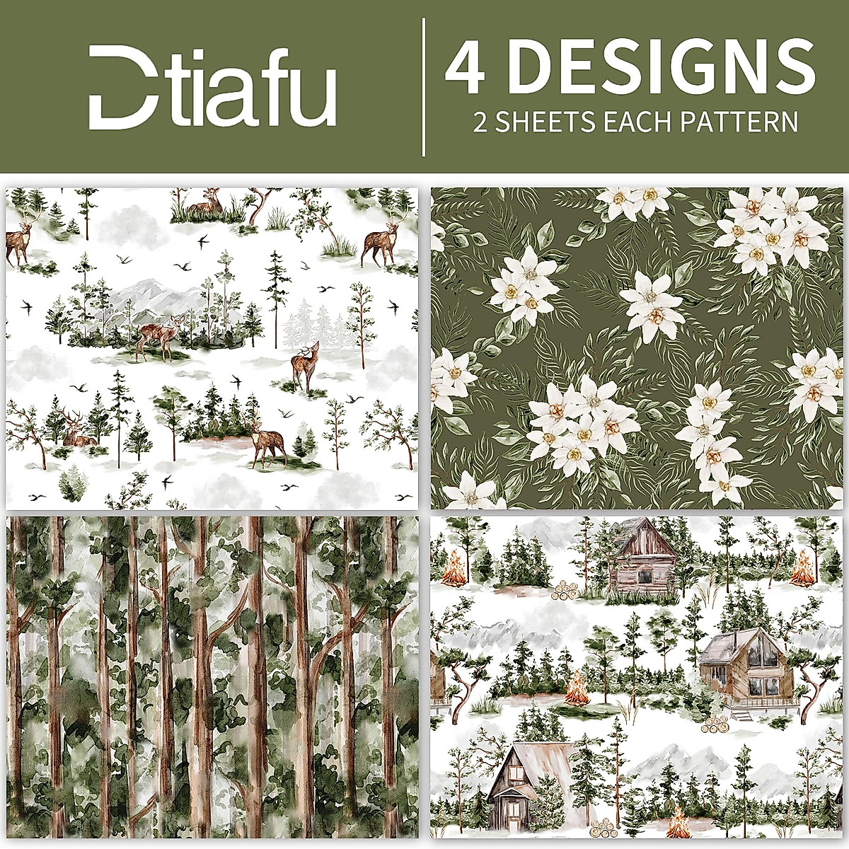 Dtiafu Forest Green Wrapping Paper 4 Watercolor Woodland Style Gift Wrap Paper Bulk Green Tree and Farmhouse for Christmas Wedding Baby Shower, 20 X 28 Inch, Folded Flat (8 Sheet)
