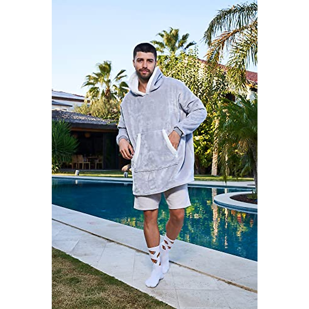 FEDERI The Original Oversized Sherpa Wearable Blanket Hoodie | Plush Fleece Blanket Sweatshirt with Pockets and Sleeves for Men and Women | One Size Fits All (32x44 inches) (Gray)