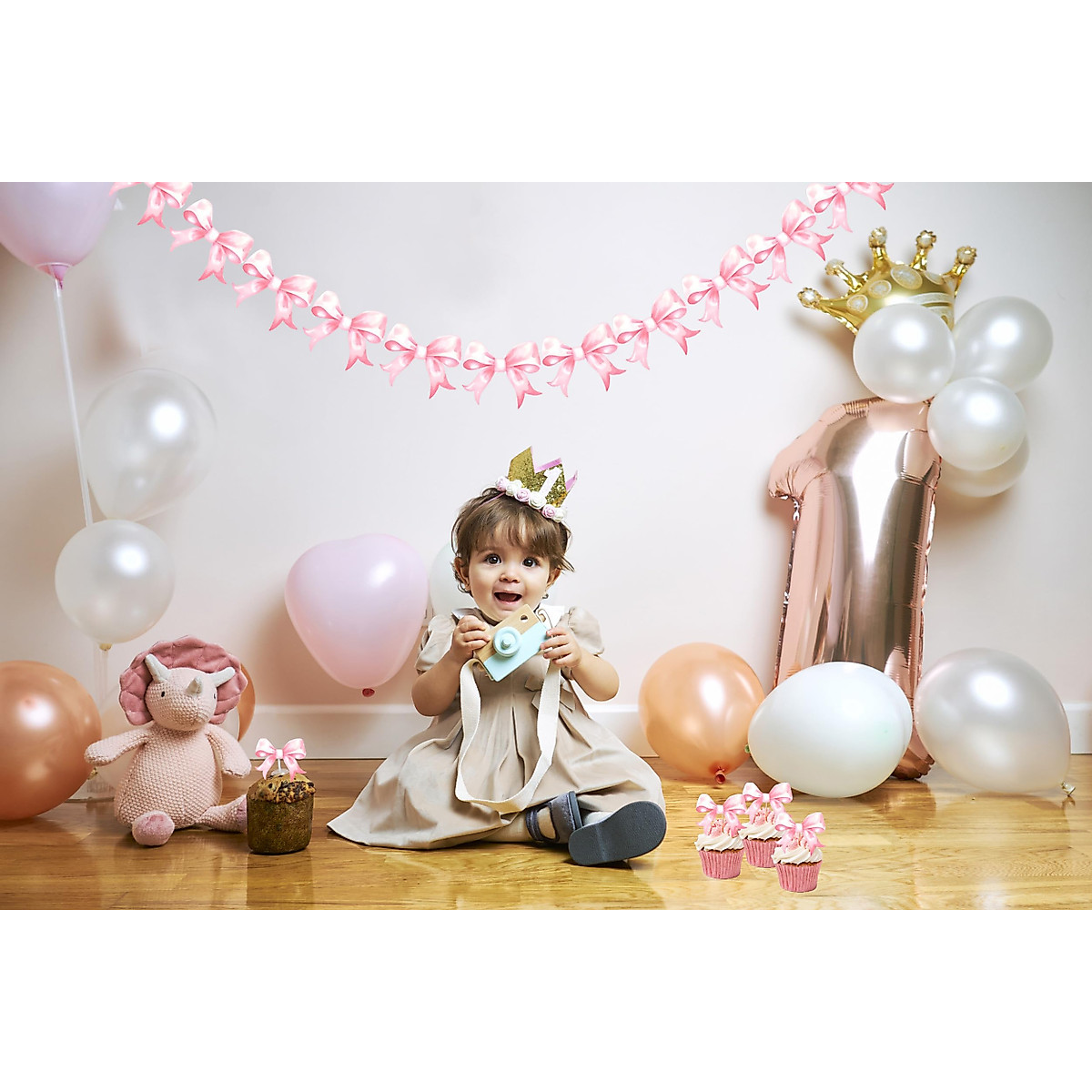 Pink Bow Garland+24Pcs Bow Cupcake Toppers,Bow Banner, Shower Decor,Pink Welcome Baby,Dessert Table Bunting,Coquette Theme Decorations,Double Sided