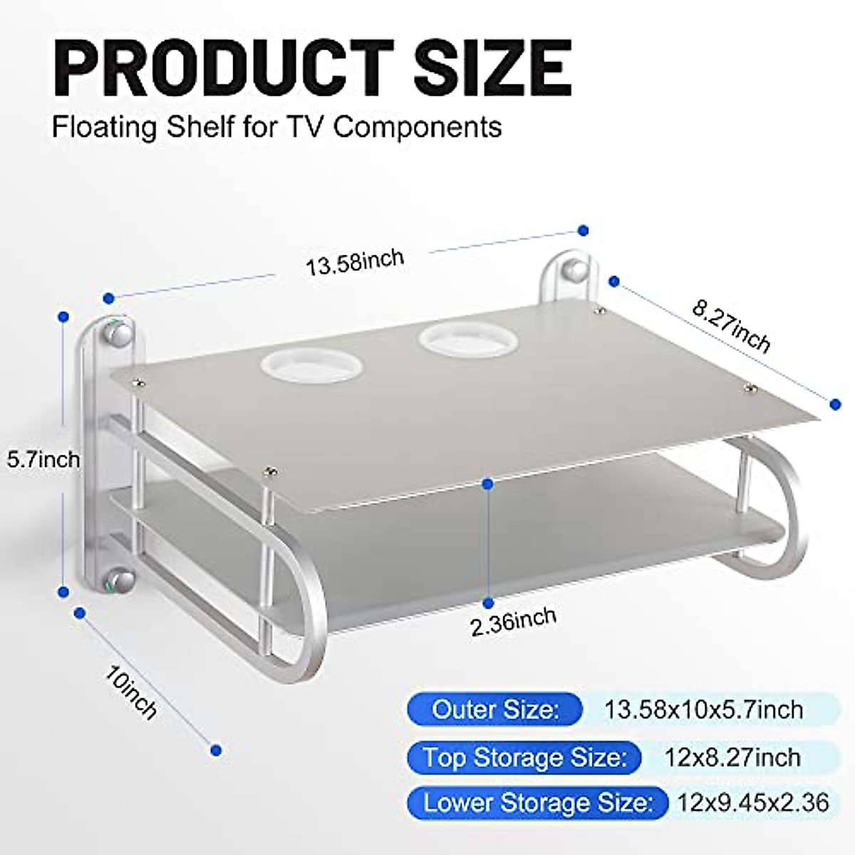 Z-Color Silver Metal Double Wireless WiFi Router Storage Box / TV Set Box Shelf Wall Hanging Plug Board Bracket Cable Storage Organizer (Silver-Large)
