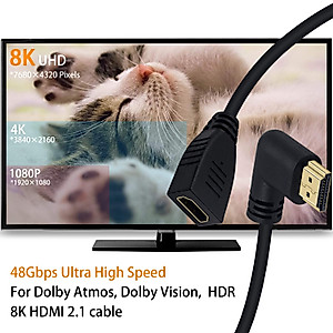 Poyiccot 8K HDMI Extension Cable, Short 8K HDMI 90 Degree Right Angle Male to Female HDMI 2.1 Cable Adapter 48Gbps with 8K 60Hz Video and 3D HDR for TV/Xbox /PS4 /PS5 (Right M/F), 0.5feet