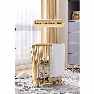 Rolling Laundry Hamper with Wheels,Metal Cart Basket Clothes Storage Organization Bin for Living Room,Bathroom,Bedroom or Kids Bedroom,Gold