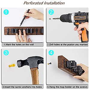 OUTNILI Mop Broom Holder Wall Mount with 3 Slots & 4 Hooks - Rustic Wood Broom Mop Hanger for Pantry Kitchen Organization - Garden Tool Organizer for Closet Laundry Room - Farmhouse Kitchen Decor