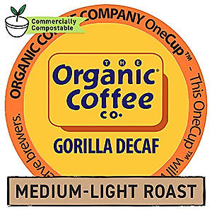 The Organic Coffee Co. Compostable Coffee Pods - Gorilla Decaf (12 Ct) K Cup Compatible including Keurig 2.0, Medium Roast, Swiss Water Processed, USDA Organic