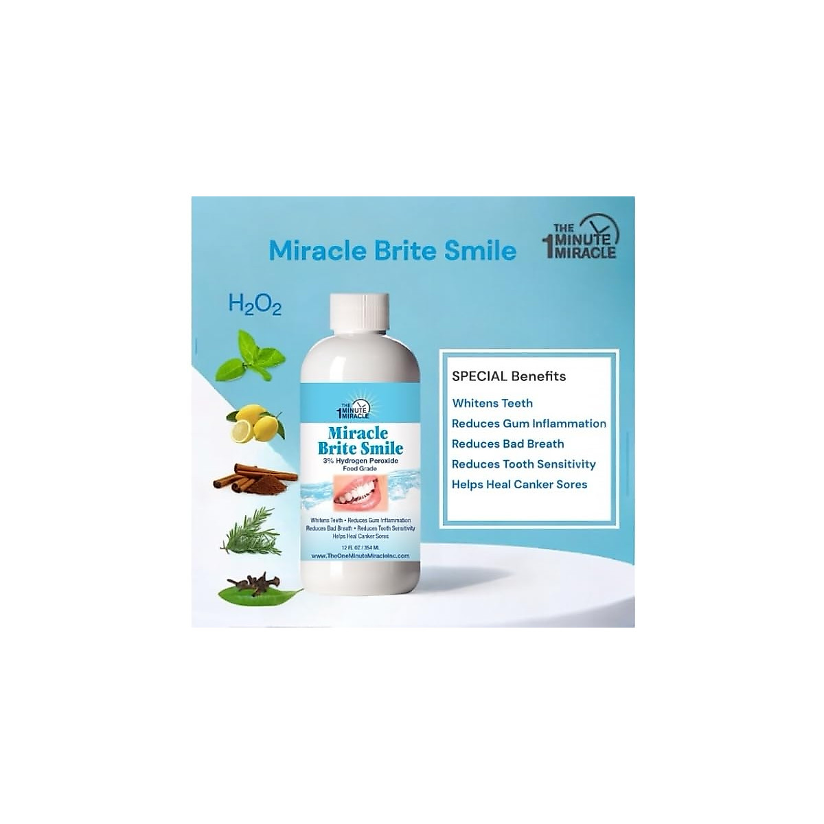 Miracle Brite Smile - 3% Hydrogen Peroxide MedicalFood Grade, Peppermint, Lemon, Clove Leaf, Cinnamon and Rosemary. Organic Essential Oils Leaving a Fresh Breath Mouth. 3 Bottles - 12 oz Bottles.