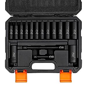 BOEN 3/8" Drive Deep Impact Socket Set, 16 Piece Metric Socket Set 7 to 22mm, Includes 3", 6" Extension Bars, 6 Point Design, Cr-V Steel, Heavy Duty Storage Case