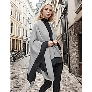 OWIF Women's Shawl Wraps Open Front Poncho Cape Oversized Sweaters Casual Cardigan Shawls for Fall Winter, Border Design-01-Black Gray