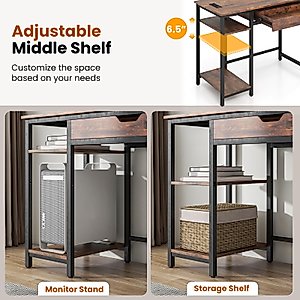 Tangkula Computer Desk with Charging Station, 40” Industrial Home Office Desk with Drawer & Adjustable Shelf, Compact Computer Workstation with CPU Stand & Headphone Hooks, Study Writing Desk