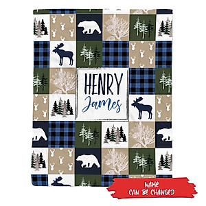 Jump Up Personalized Woodland Nursery Blanket,Navy Greenery Woodland Animals Blanket,Baby Boy Woodland Blanket,Woodland Baby Blankets for Boys,Woodland Theme Blanket, Woodland Blanket Baby Boy
