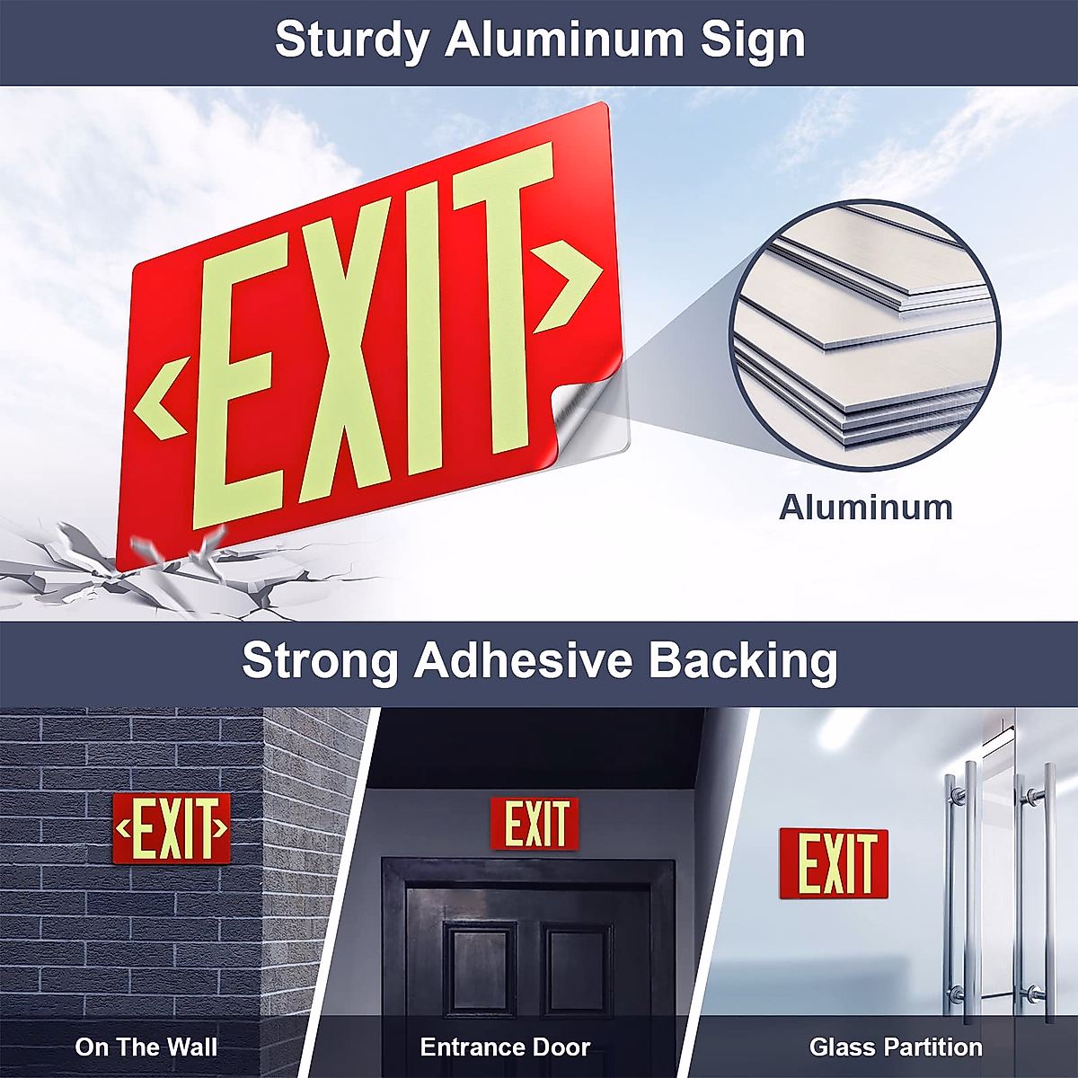 Photoluminescent Exit Sign Aluminum - Adhesive Backing Glow In The Dark - Removable Arrows Included - 12x7 Inches - Non Electrical Red Exit Light For 50 Feet Visibility (1 Pack)