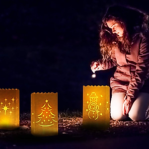 Aneco 40 Pieces Paper Luminary Bags White Candle Bags Flame Resistant Lantern Bags Tealight Luminaries 4 Designs with Tree, Stars, Sunburst, Snowman for Christmas, Party Decoration