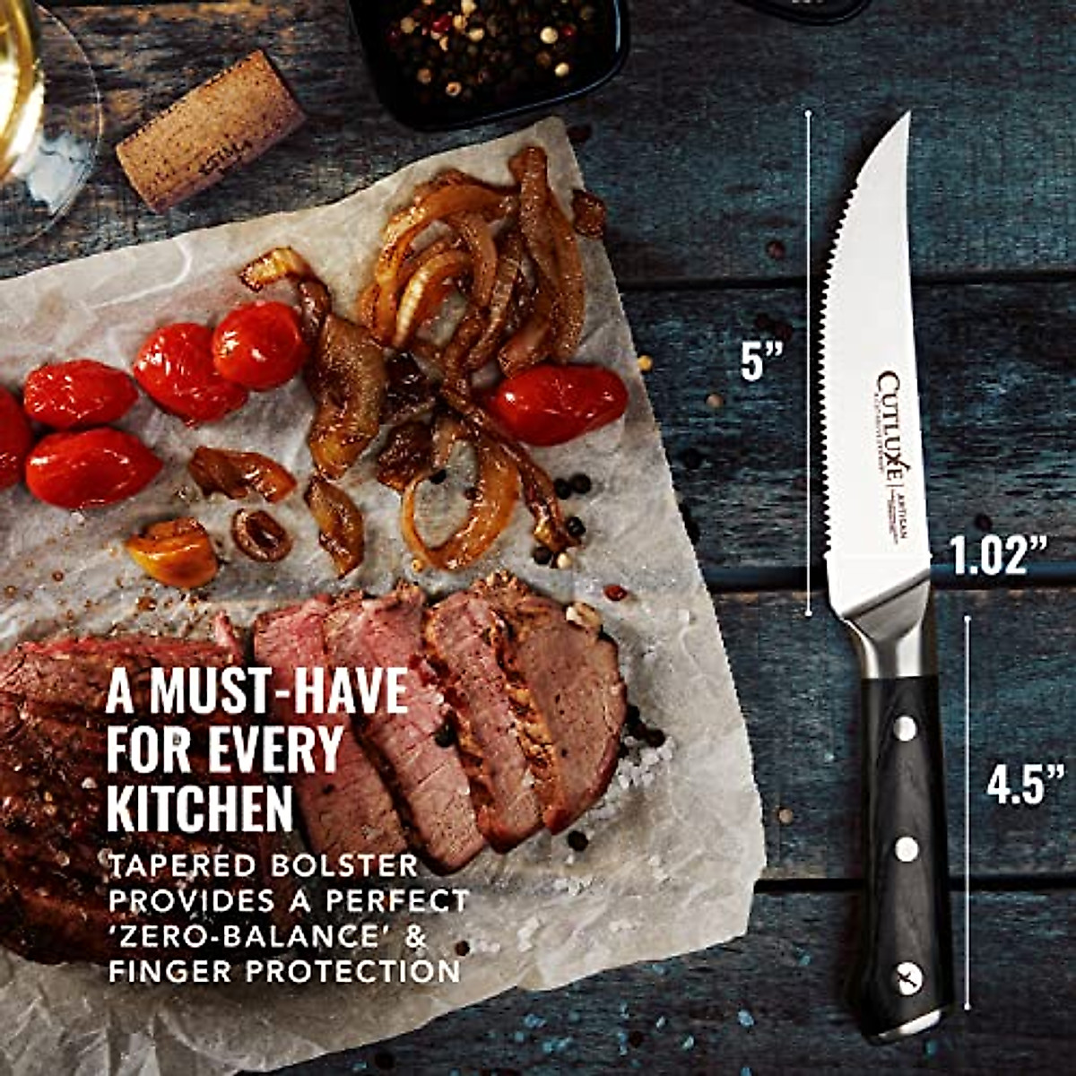 Cutluxe Steak Knives - Serrated Steak Knife Set of 4 – Forged High Carbon German Steel – Full Tang – Ergonomic Handle Design – Artisan Series