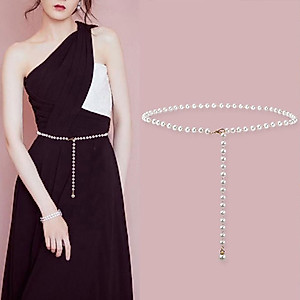 ASVNRES Rhinestone Pearl Elastic Waist Chain Belt, Women Skinny Metal Cinch Belt Gold Waist Belt for Dress Gift for Jeans Dress