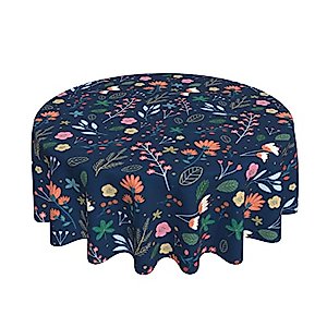 Spring Summer Floral Tablecloth Round 60 Inch Farmhouse Navy Blue Background Wildflower Round Tablecloth Polyester Washable Table Cover Table Cloth for Kitchen Dining Room Picnic Patio Party