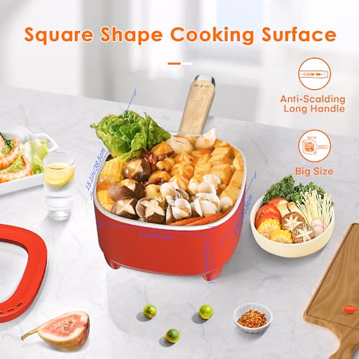 Audecook Hot Pot Electric 2L, Cermic Glaze Non-Stick Frying Pan 8 Inch, Portable Travel Cooker for Ramen/Steak/Fried Rice/Oatmeal/Soup, with Dual Power Control (Silicone Spatula Included)