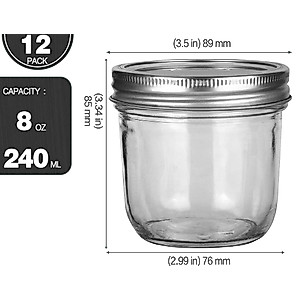 KAMOTA Wide Mouth Mason Jars 8 oz, 8oz Mason Jars Canning Jars Jelly Jars With Wide Mouth Lids and Bands, Ideal for Jam, Honey, Wedding Favors, Shower Favors, 12 PACK