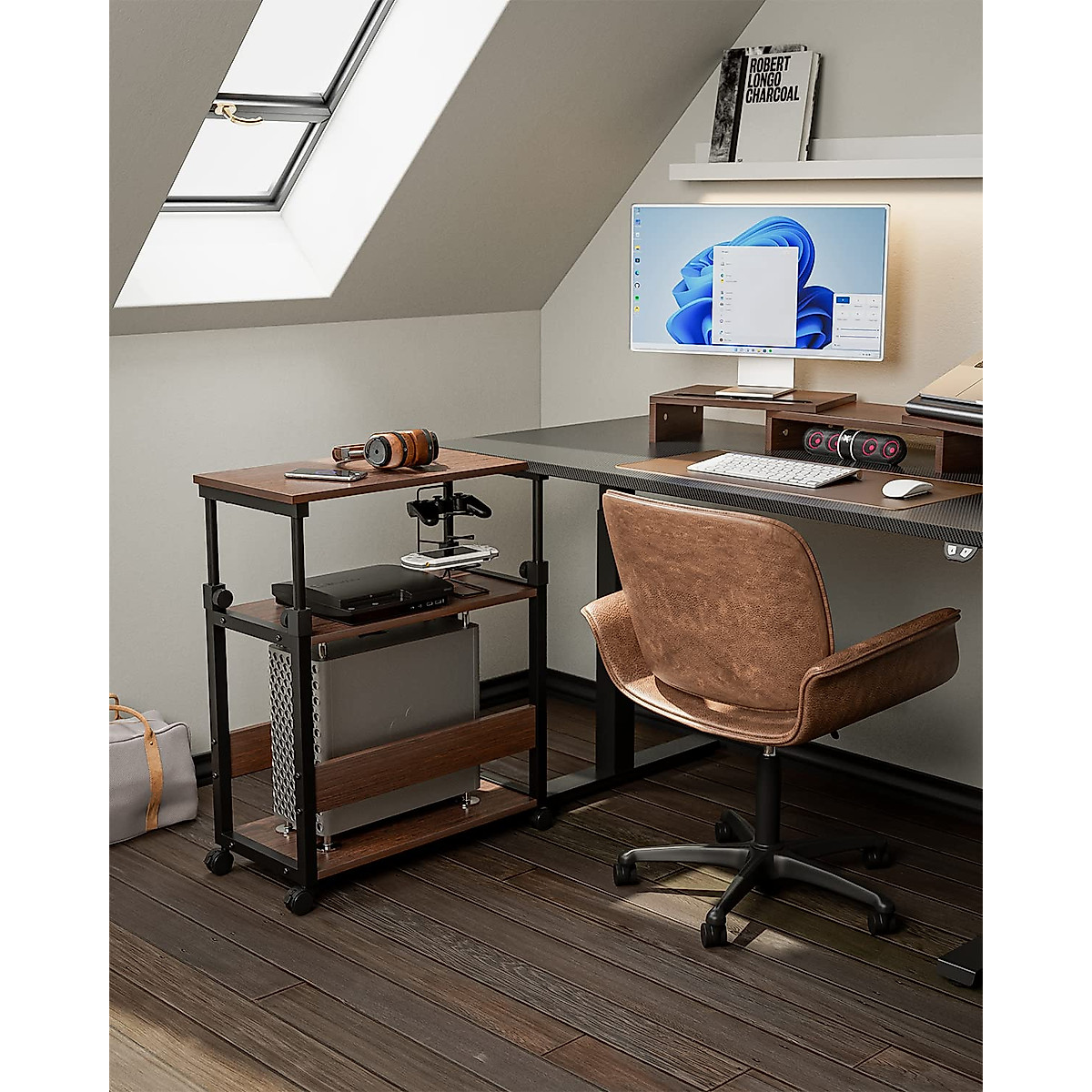 Computer Tower Stand with Wheels, Height Adjustable PC Tower Stand Under Desk, 3 Shelves Rolling Printer Cart for Home Office, Walnut