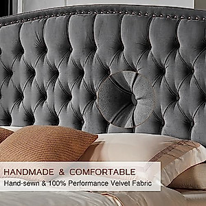 LUXOAK Queen Platform Bed Frame with Wingback Headboard, Velvet Upholstered Bed Frame with Handmade Button Tufted & Nailhead, Wooden Slats Support, Grey